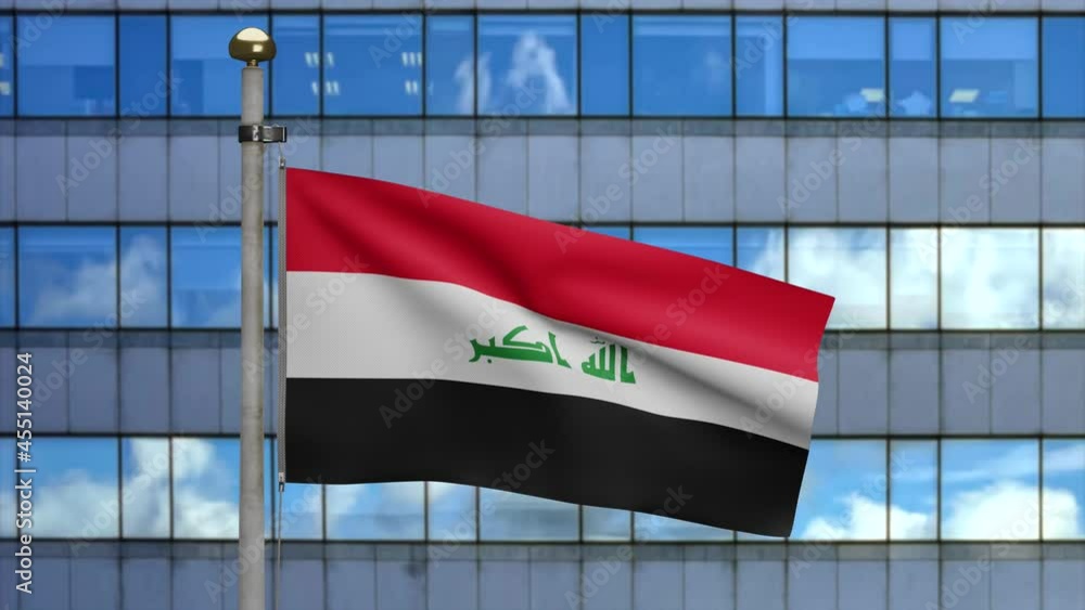 3D, Iraqi flag waving on wind with modern skyscraper city. Iraq banner ...