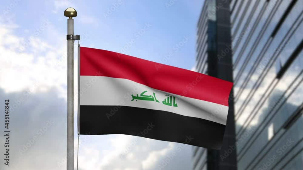 3D, Iraqi flag waving on wind with modern skyscraper city. Iraq banner ...