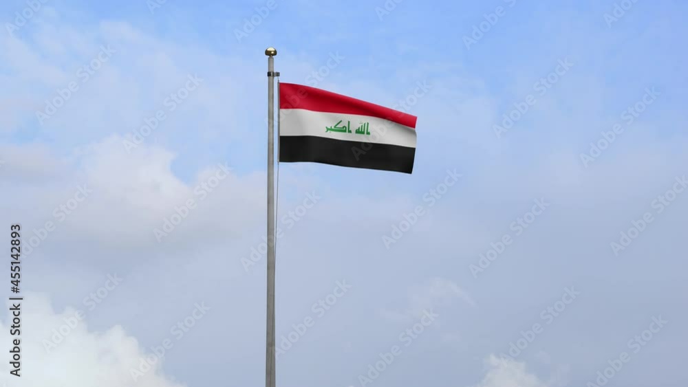 3D, Iraqi flag waving on wind with blue sky and clouds. Iraq banner ...