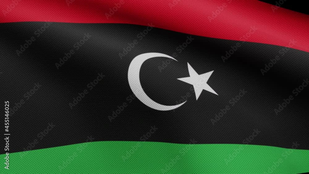 3D, Libyan flag waving on wind. Close up of Libya banner blowing, soft ...