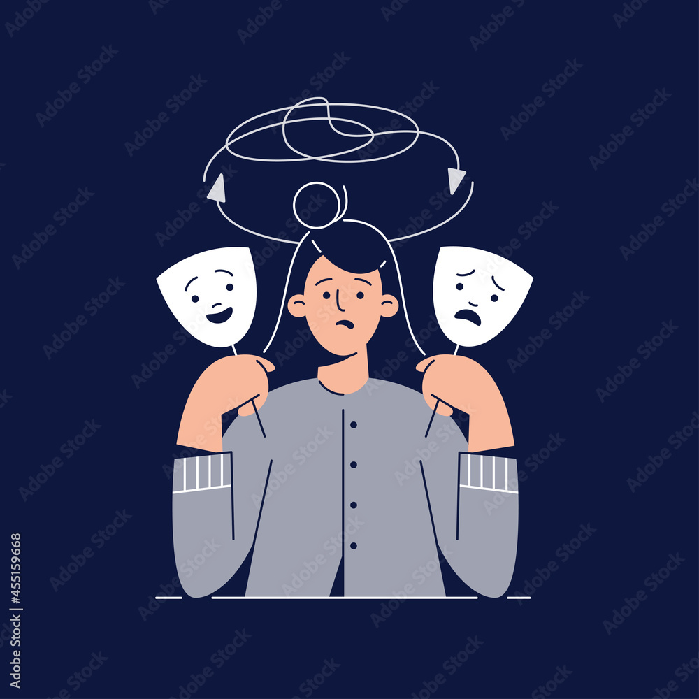 Bipolar disorder concept. Woman shows two face mask with happy and ...