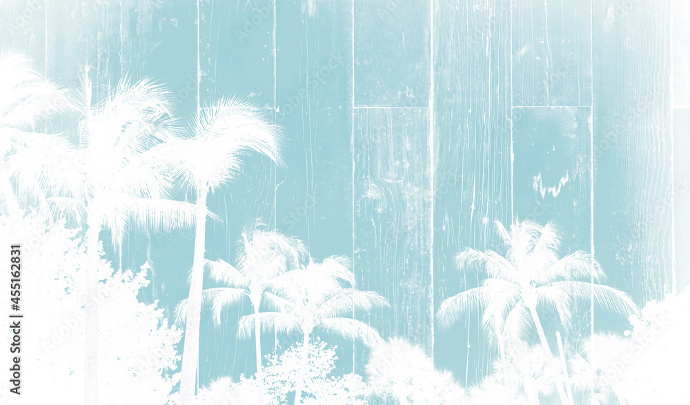 Palm trees tropical sky background double exposure over light blue ...