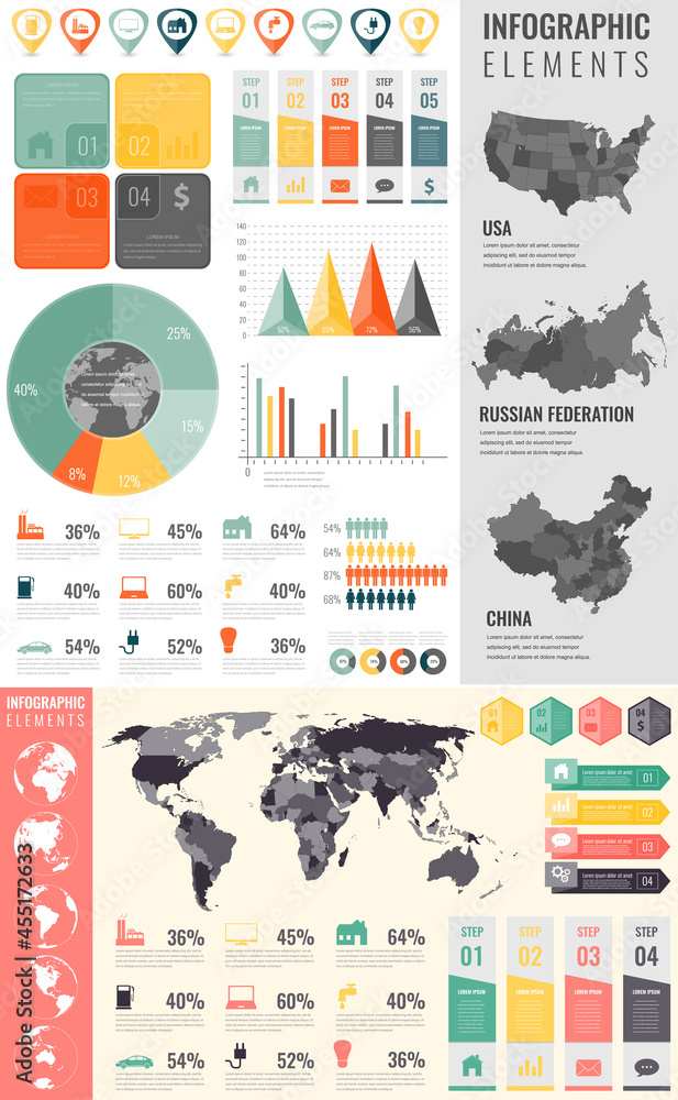 Infographic collection with world map and charts. Infographic template ...