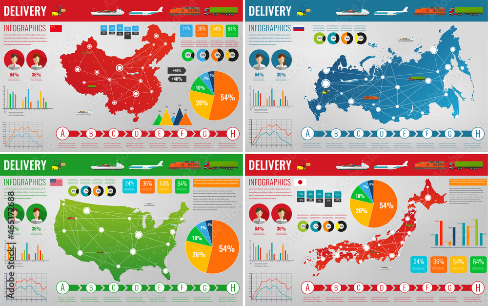 Transportation inforgraphic maps collection with charts, graphics and ...