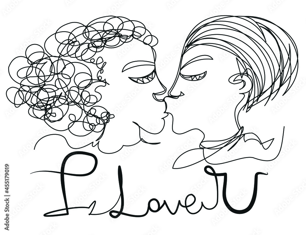 Two girls kiss in one line. Two transgender characters in vector ...