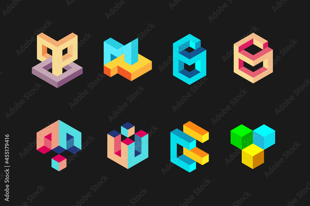 Isometric geometric logo collection bright signs and symbols for your ...