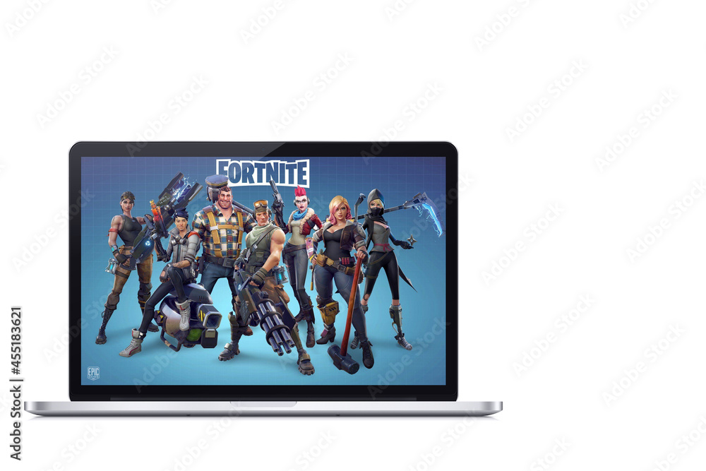 Fortnite Game on the Notebook screen on white background. Rio de ...