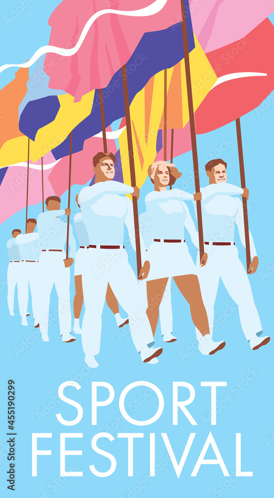 Sports festival. Young boys and girls carry large colored flags. Retro ...