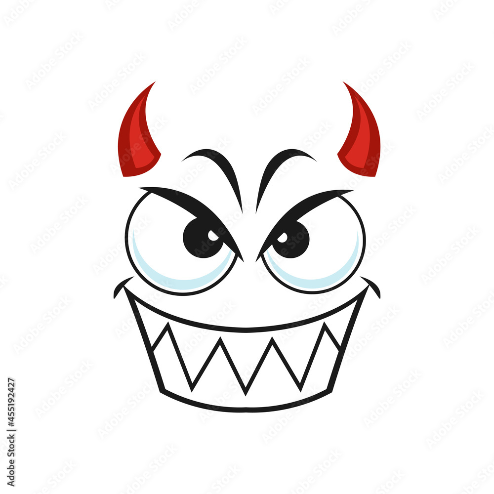 Emoticon demon with toothy smile and red horns isolated icon. Vector ...
