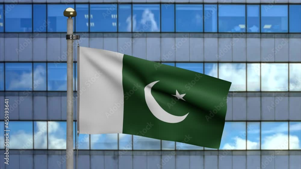 3D, Pakistani flag waving on wind with modern skyscraper city. Close up ...