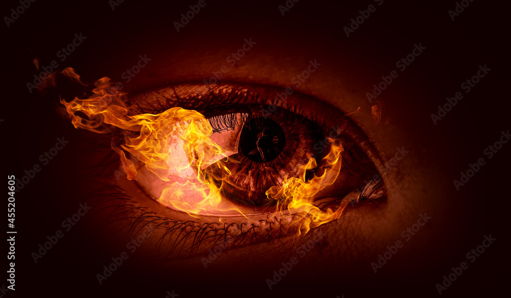 Macro image of human eye with fire flames . Mixed media Stock Photo ...
