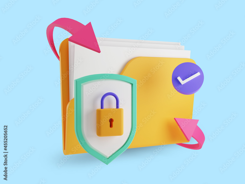 3d render of Sharing file, file transferred encrypted form, transfer of documentation, migration ...