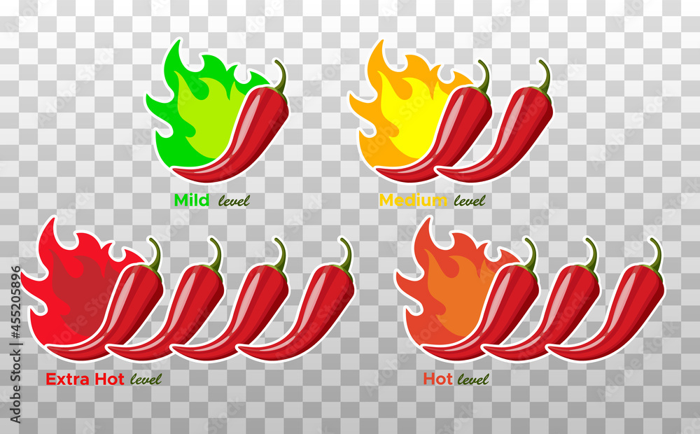 Icons with Chili Pepper Spice Levels. Hot pepper sign with fire flame ...