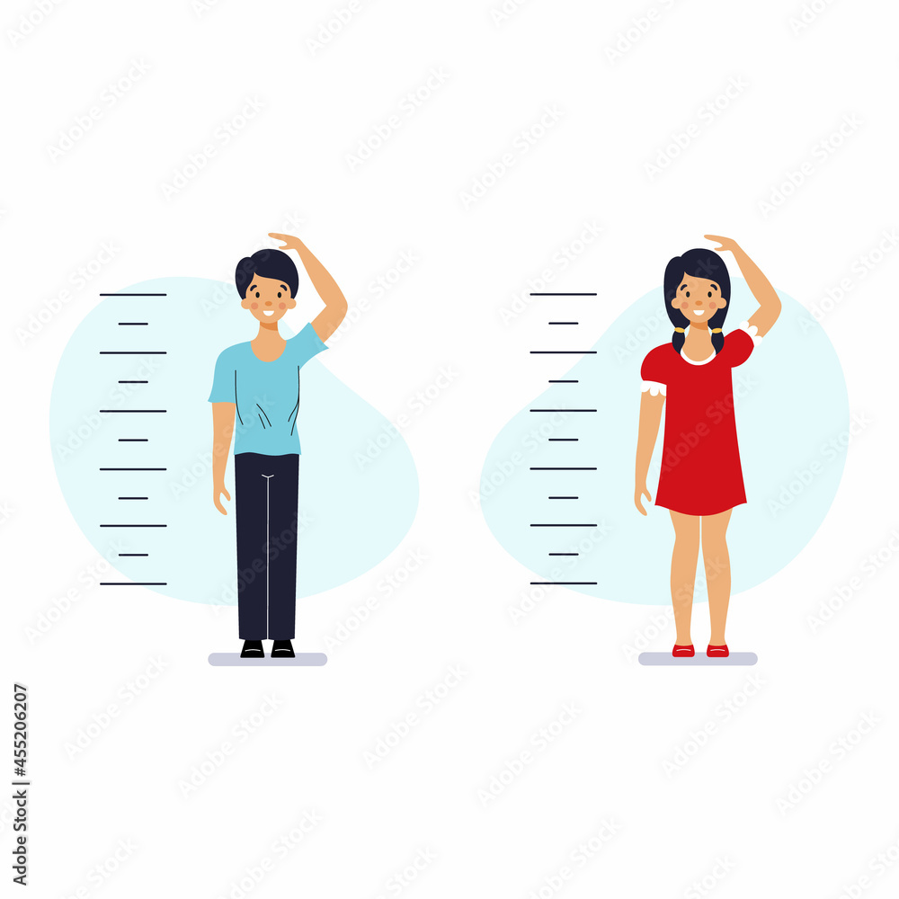 Children measures their height. Boy and girl are growing up.Vector ...
