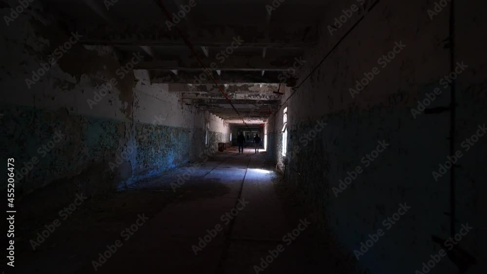 Walking down long dark abandoned hallway, Chernobyl Building abandoned ...