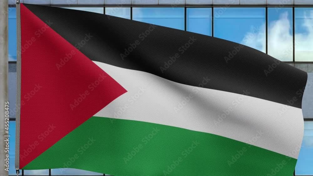 3D, Palestinian flag waving on wind with modern skyscraper city ...