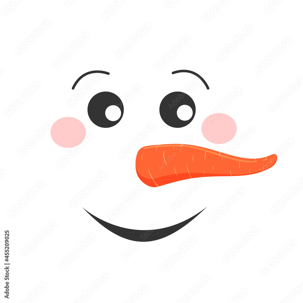 Smiling snowman face. Funny snow man head with rosy cheeks and carrot ...