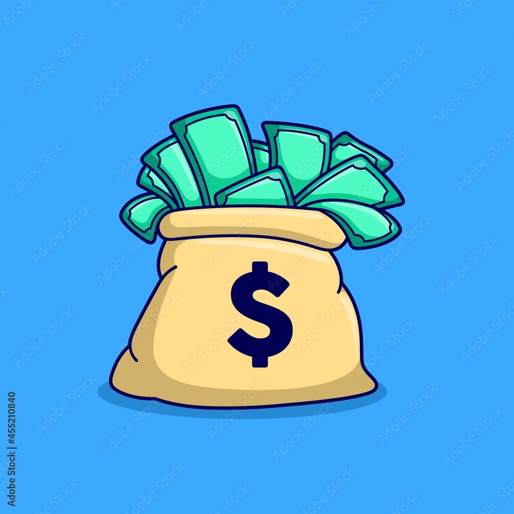 cute money bag with full of money coming out cartoon vector ...
