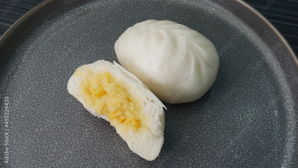 Chinese Hong Kong steamed fresh yellow corn custard bun vegan white bao ...