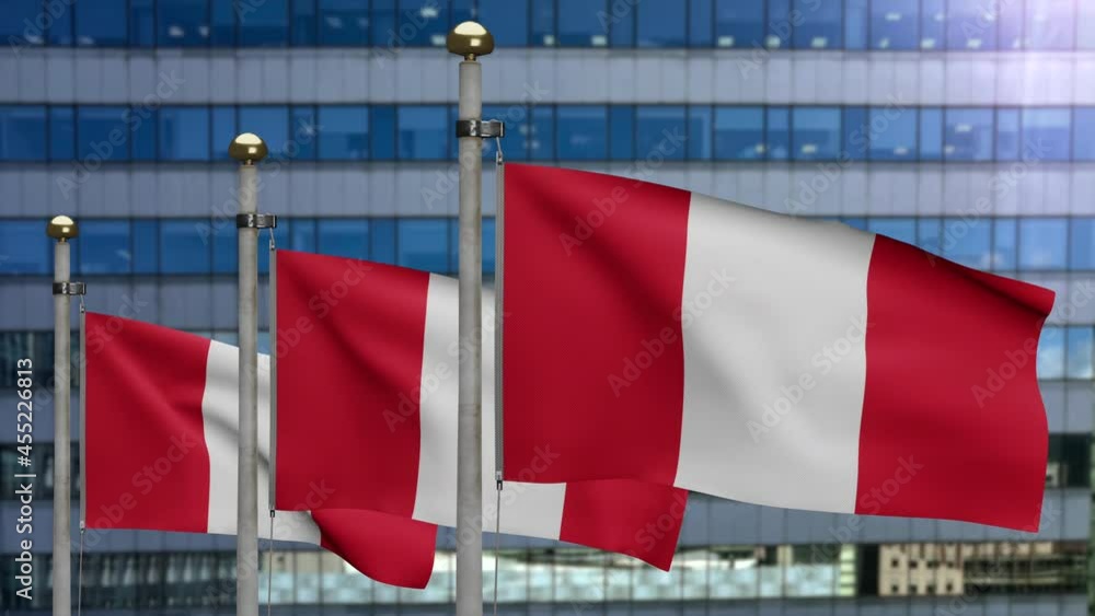3D, Peruvian flag waving on wind with modern skyscraper city. Peru ...