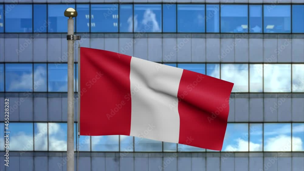 3D, Peruvian flag waving on wind with modern skyscraper city. Close up ...