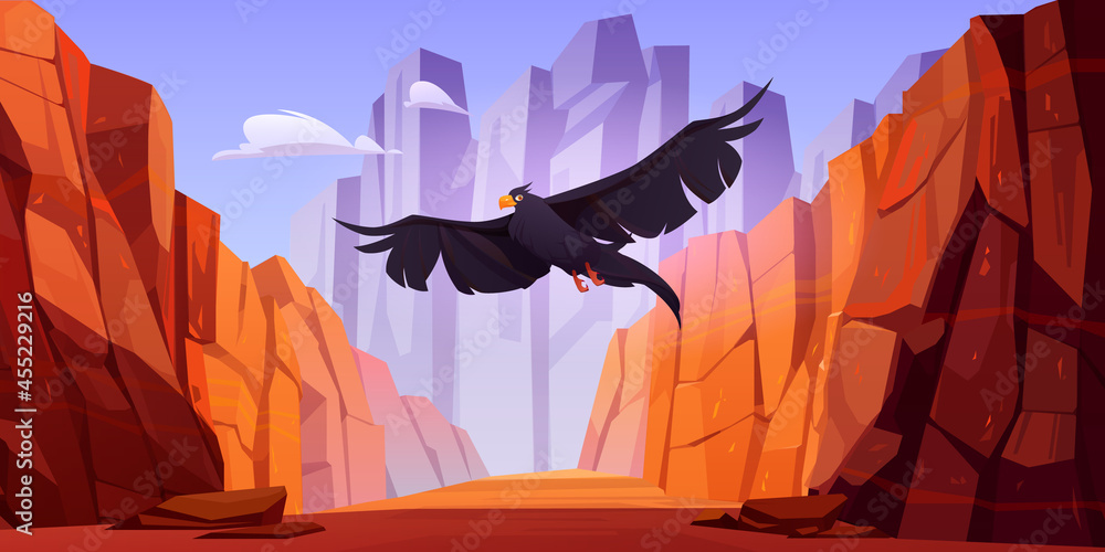 Crow fly in canyon with red mountains. Vector cartoon landscape of ...