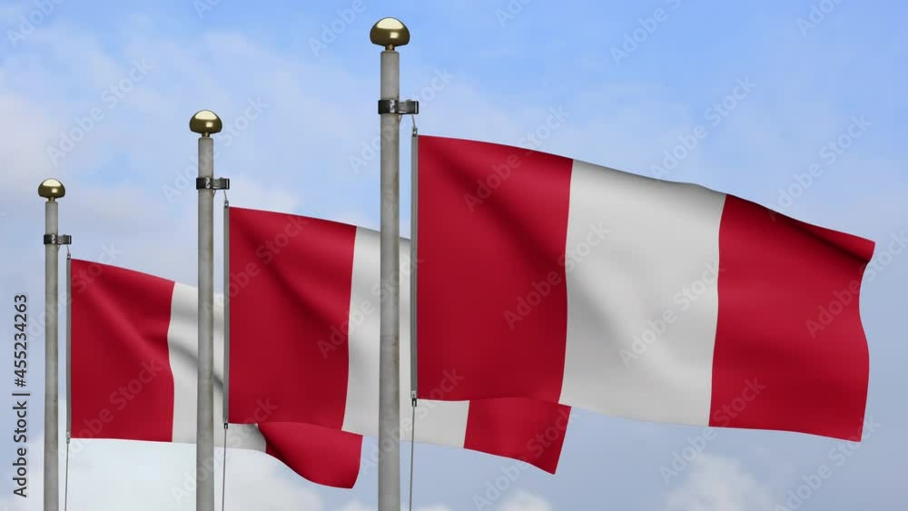 3D, Peruvian flag waving on wind with blue sky and clouds. Close up of ...