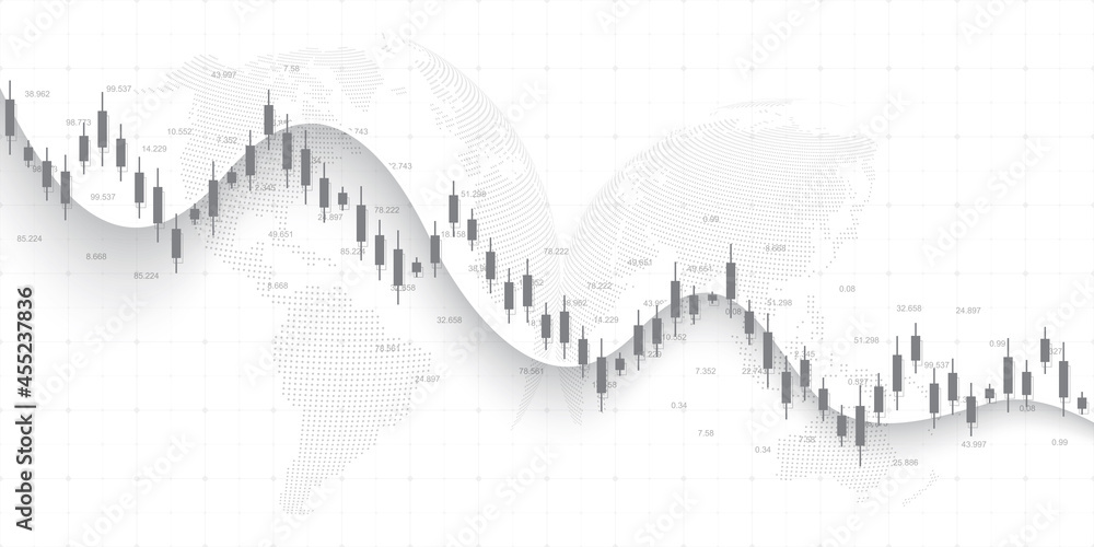 Abstract financial chart with uptrend line graph and world map on black ...