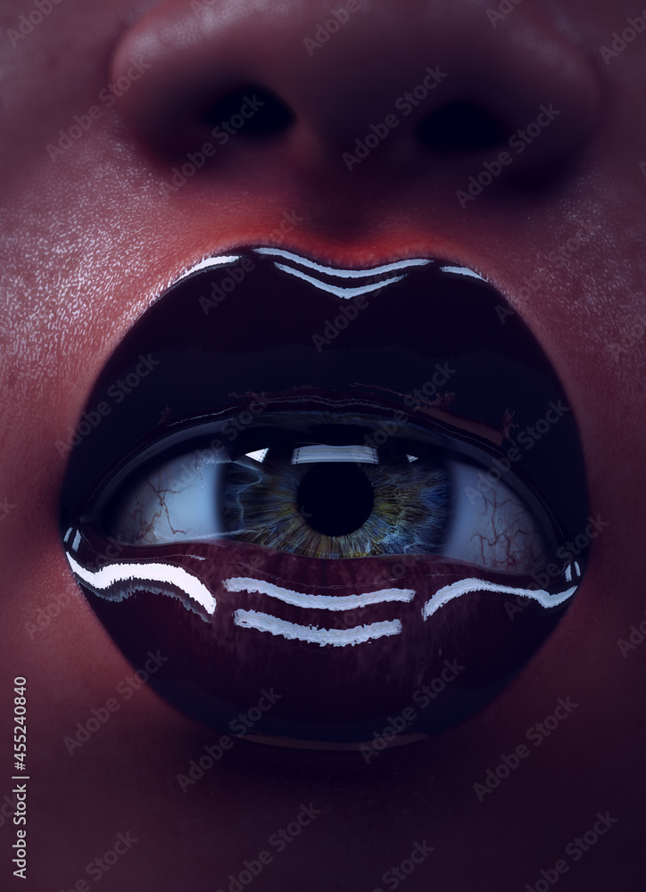 Horror Alien Woman with Open Mouth with Wet Eyeball Black Lip Gloss ...