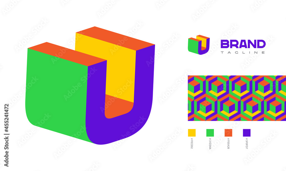 3D letter U Logo corner view with pattern and colour code swatches for ...