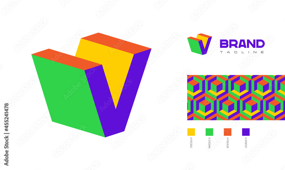 3D letter V Logo corner view with pattern and colour code swatches for ...