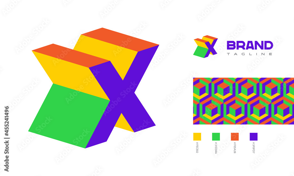 3D letter X Logo corner view with pattern and colour code swatches for ...