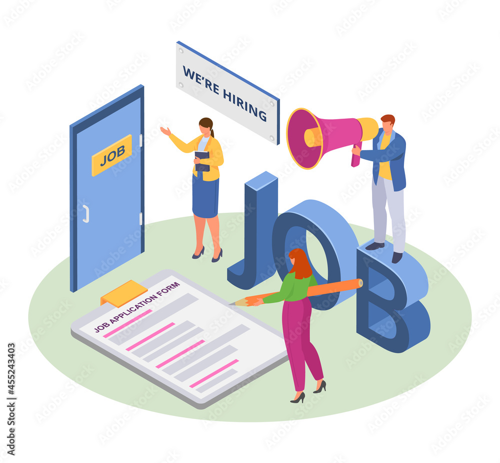 Job recruit, isometric human employment, vector illustration. Business ...
