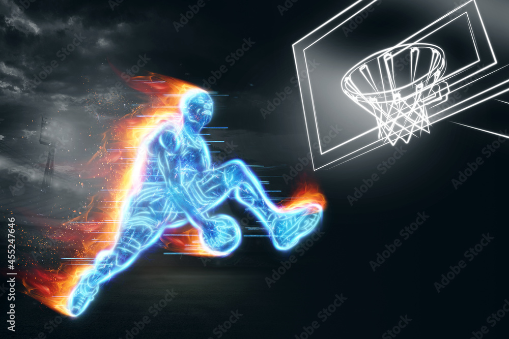 Neon image of a professional basketball player jumping with a ball ...