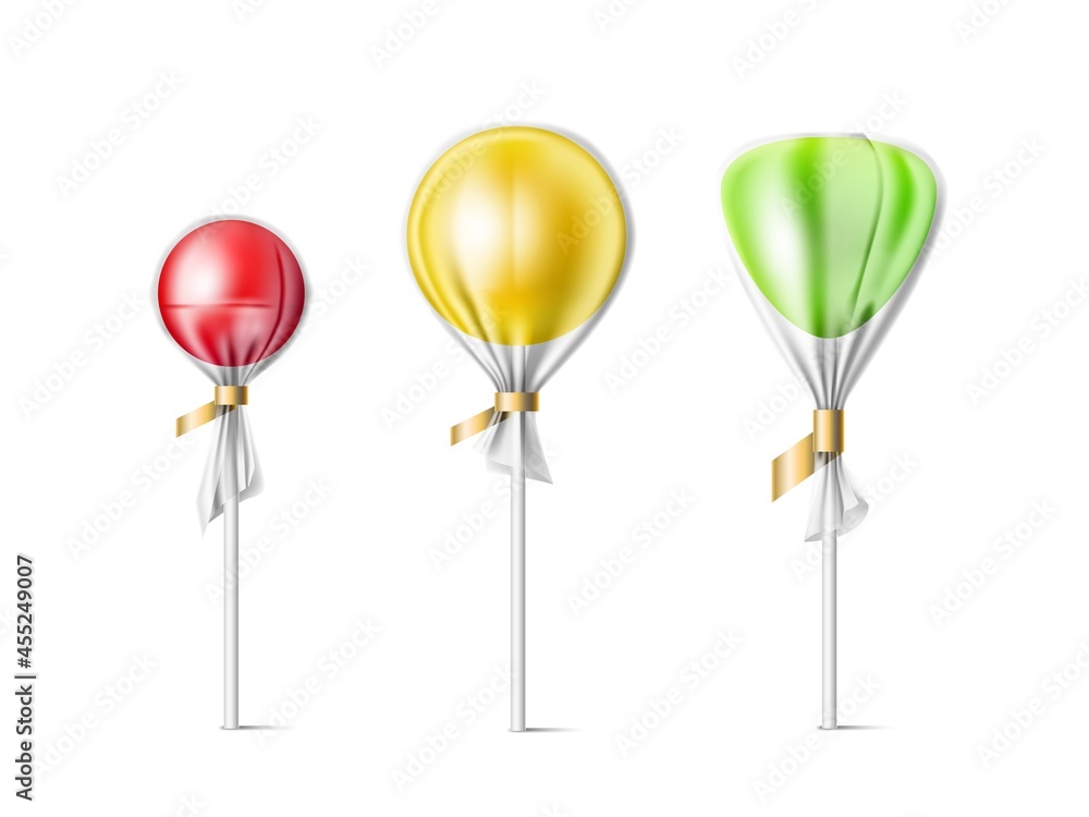 3d lollipop. Transparent wrappers candies and realistic different ...