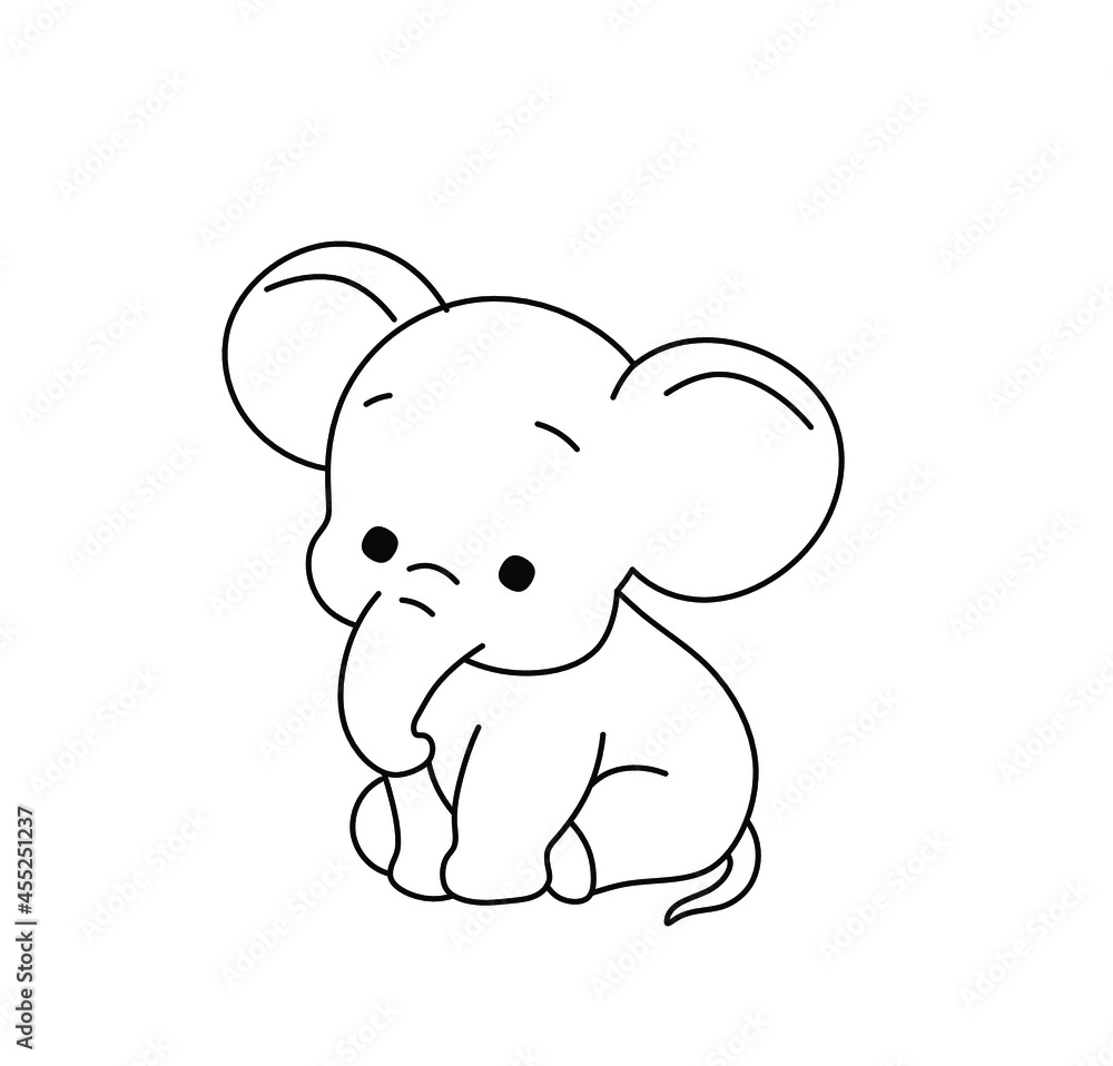 Vector illustration cute cartoon baby elephant. Contour black outline ...