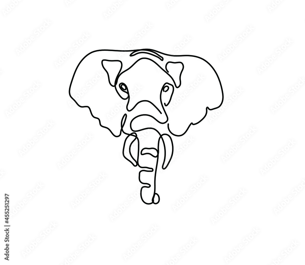 Vector isolated one line elephant head. Colroless graphic contour line ...