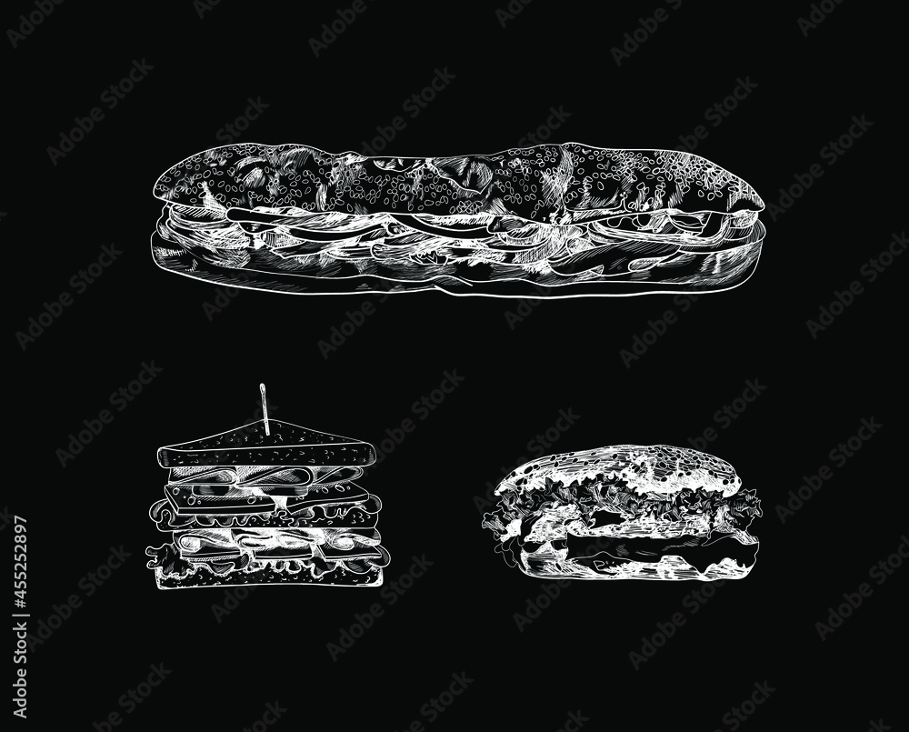 Vector Chalk Sketched Drawings, Long Sub Sandwich, Triangle Sandwich ...