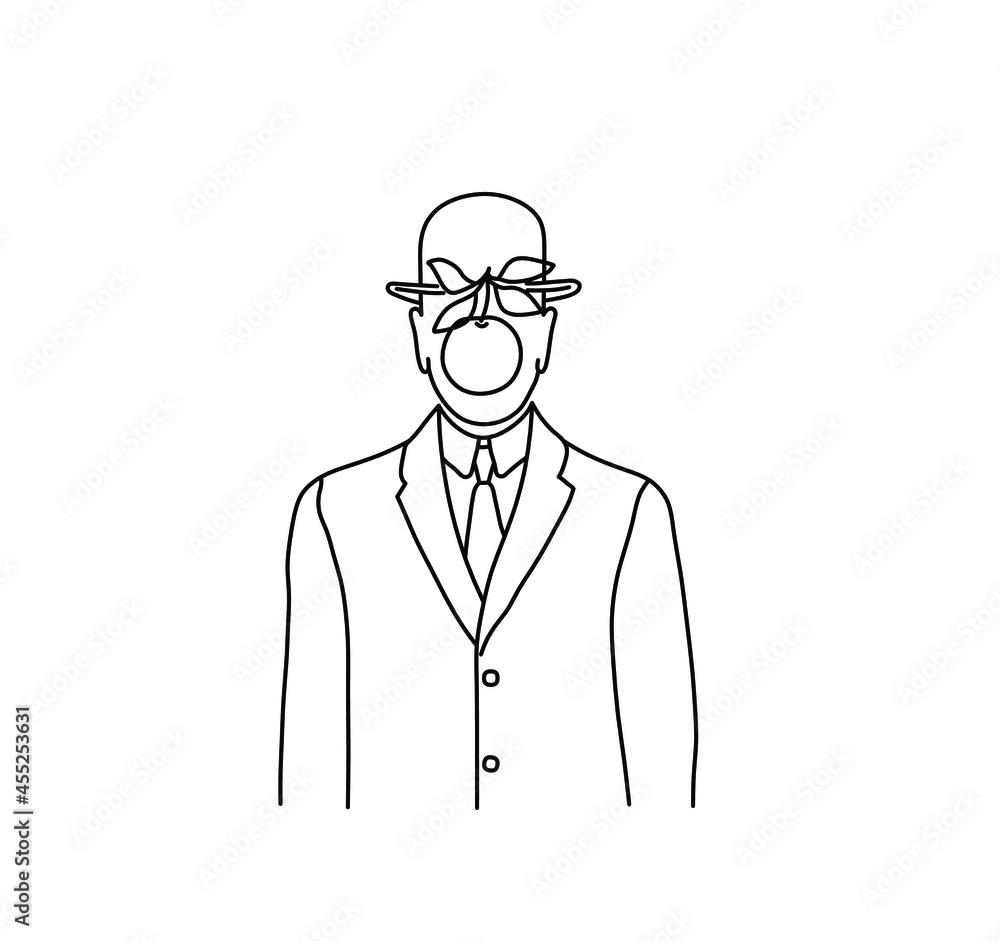 Vector isolated contour drawing famous painting man with apple. Face ...