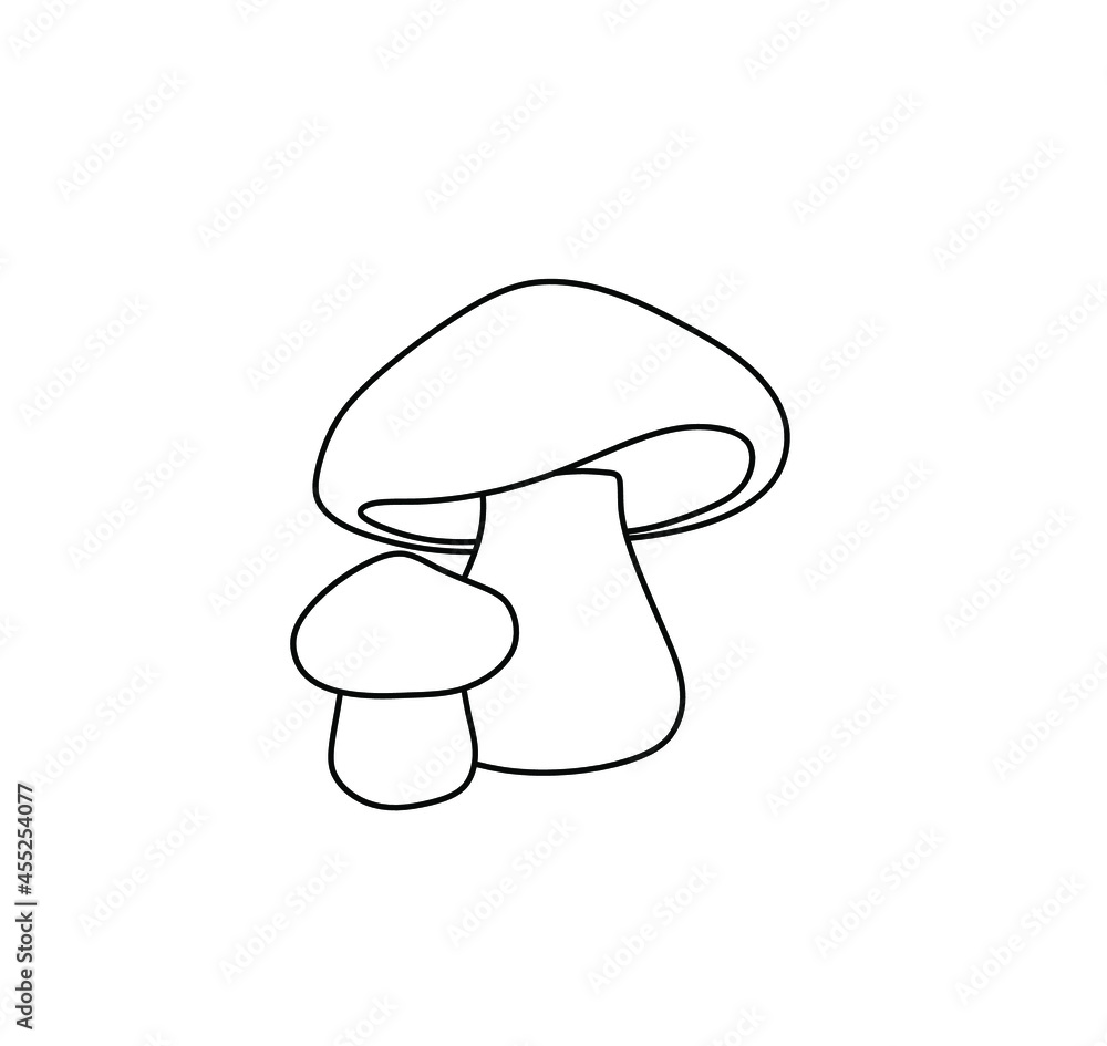 Vector isolated mushrooms line drawing. Two mushrooms contour doodle ...
