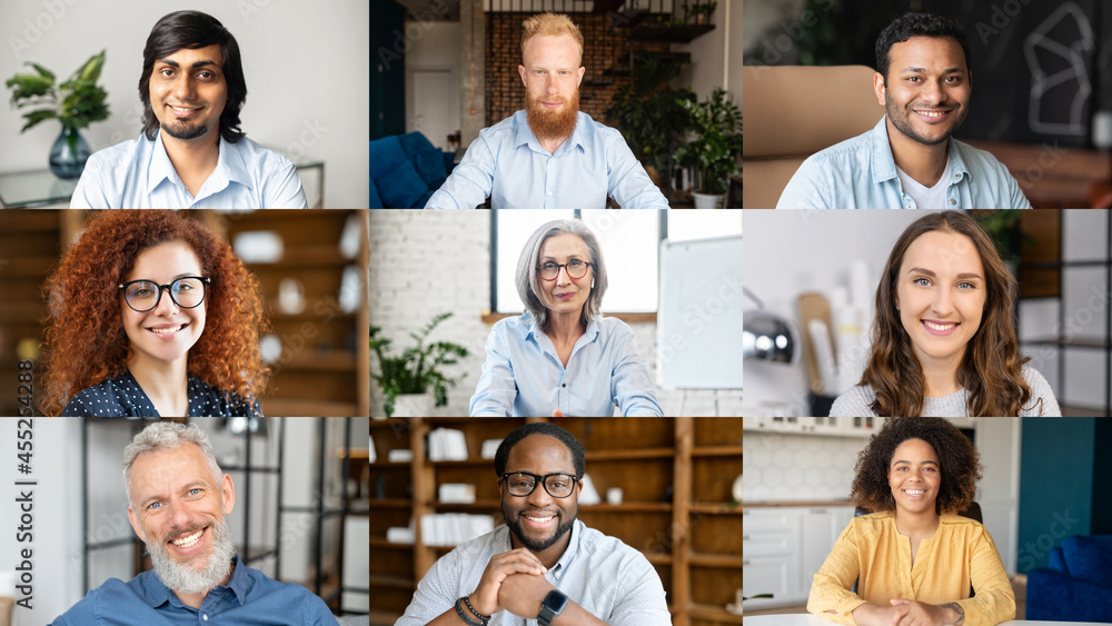 Conference call, shared screen, portraits of diverse employees. Crowded ...