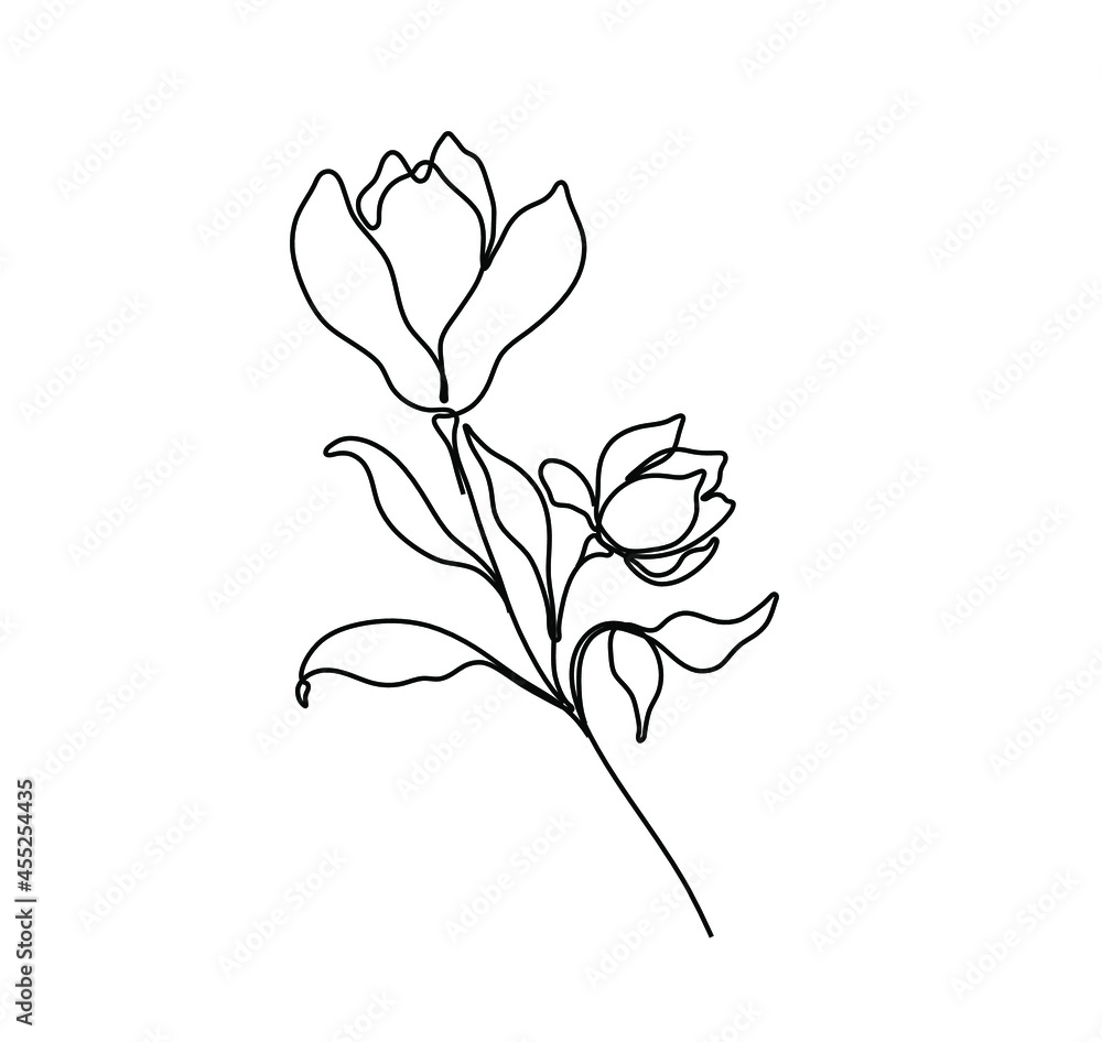 Vector isolated one line beautiful magnolia flower drawing. Colorless ...