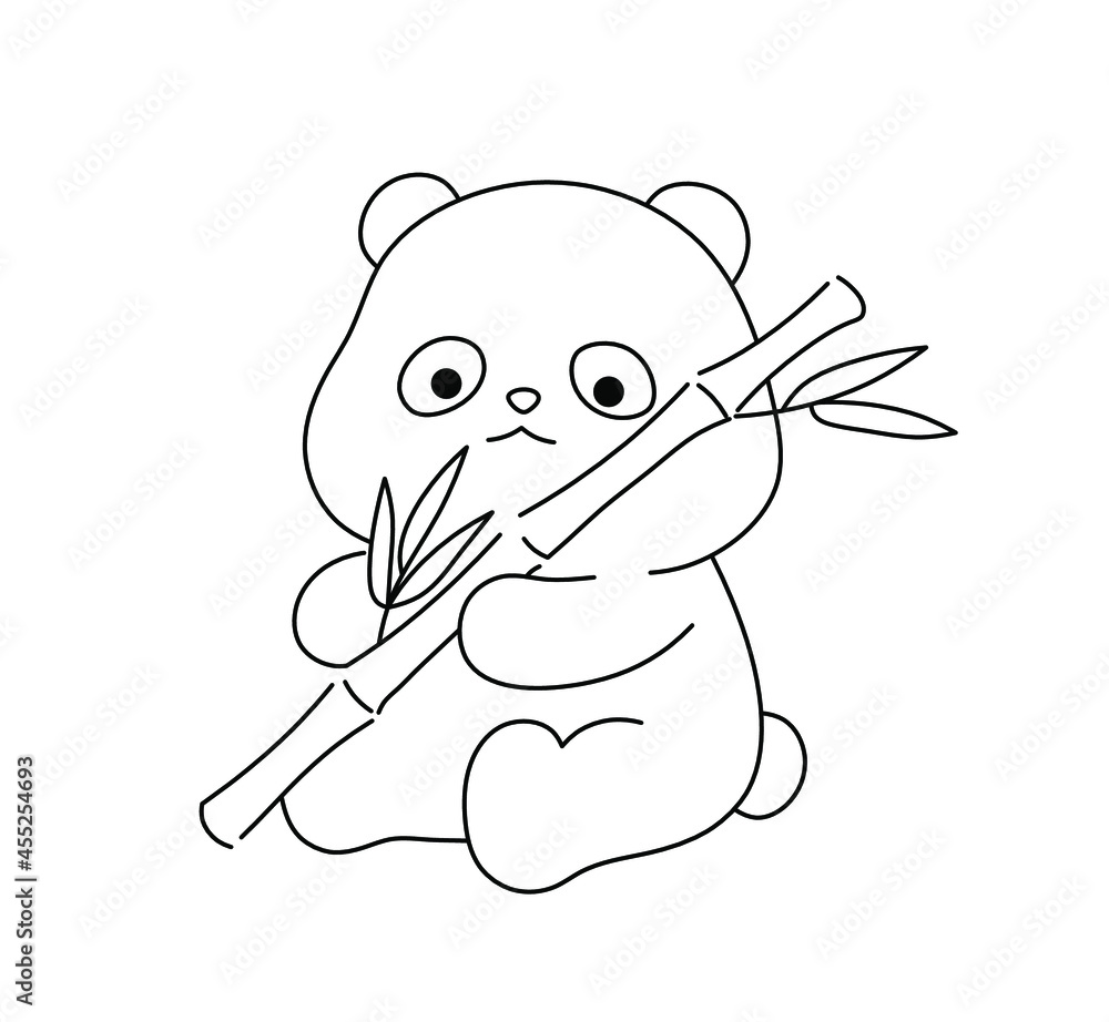 Vector isolated cute cartoon panda with bamboo. Colorless cute cartoon ...