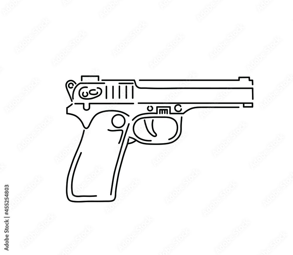 Vector isolated contour line gun handgun drawing. Colorless graphic gun ...