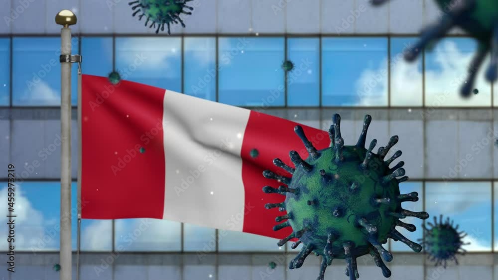3D, Peruvian flag waving with modern skyscraper city and Coronavirus 2019 nCov concept. Asian ...