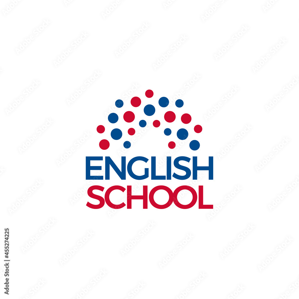 English school logo Blue red dot sun or rainbow icon above english ...