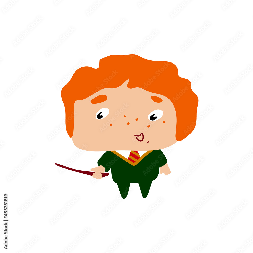 magician with a magic wand. boy with red hair in school clothes and ...