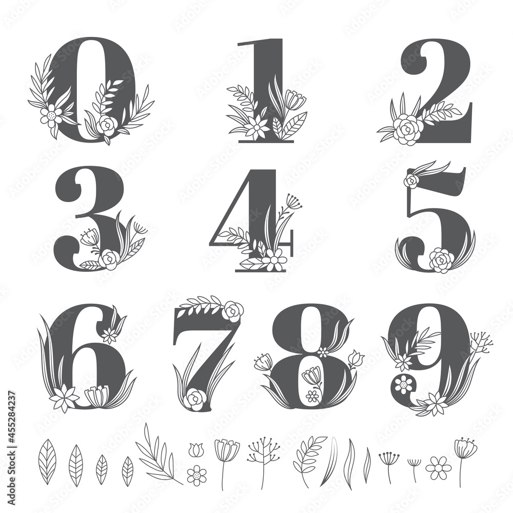 Flower ornate numbers. Decorative floral alphabet elements botanical ...