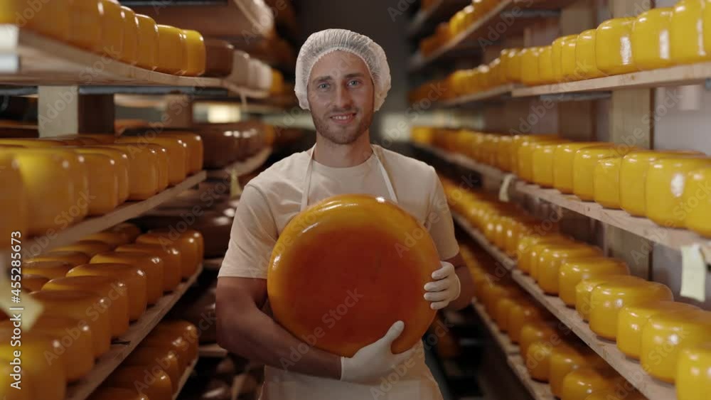Portrait of qualified cheese expert wearing uniform while working at ...