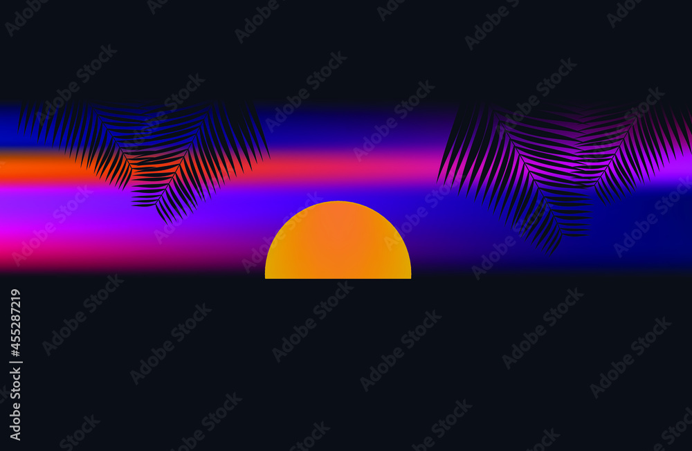 Retro style tropical sunset with palm silhouette and gradient ...